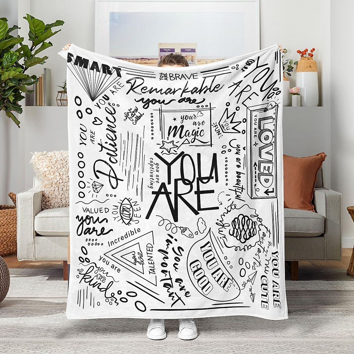 Kanuyee Inspirational Quote Throw Blanket, Positive Psychological Hint Word You are Cozy Decor Nap Cash Blankets Gift for Teens Kids Children Student College Dorm Throws Black and White 40×50 inches