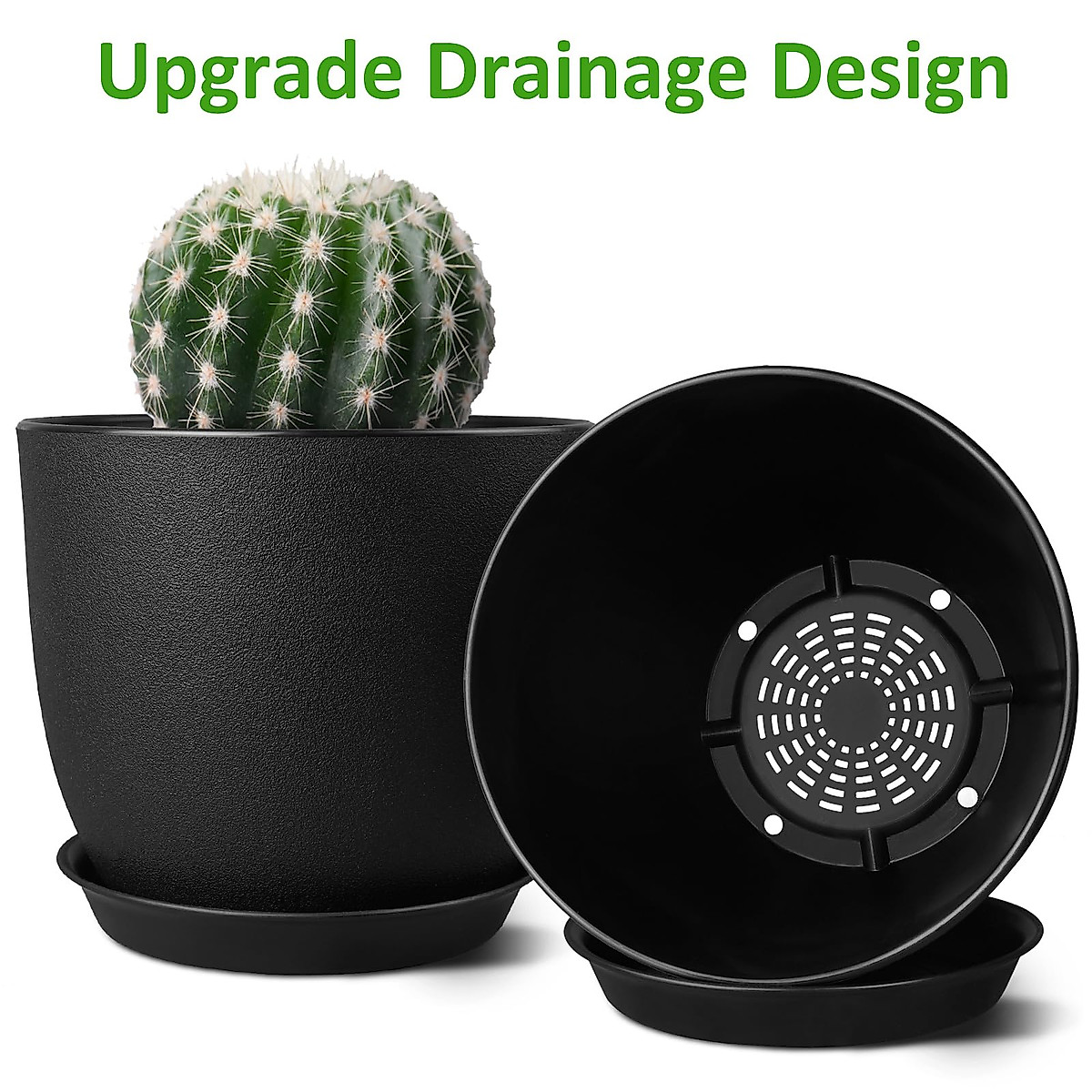 Moneysdodo 8 inch Plant Pots Set of 4 Pack, Plastic Planters with Drainage Holes and 4 Saucers, Morden Decorative Creation Flower Pots for Indoor & Outdoor Garden House Plants, Black