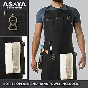 Asaya Chef, BBQ and Work Apron with Bottle Opener and Hand Towel - Durable 10oz Cotton Canvas, Brass Hardware and Cross Back Straps - For Men, Women, Grilling, and Cooking (Black)