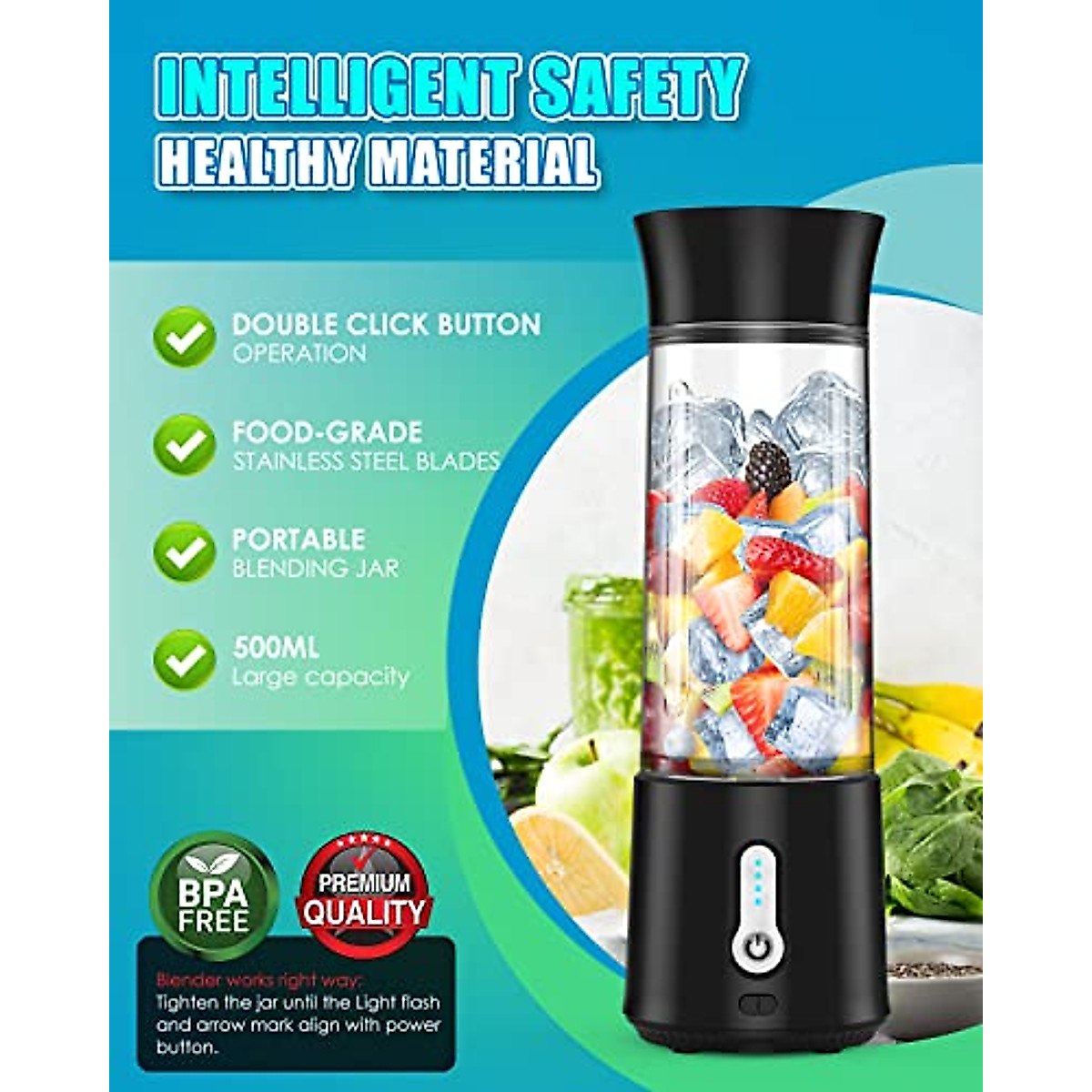 Portable Blender for Smoothies and Shakes, USB Rechargeable Personal Blender with 6 Stainless Steel Blades, 17 Oz Mini Blender with BPA-Free, Handheld Personal Size Blender for Home/Travel/Outdoor/Gym