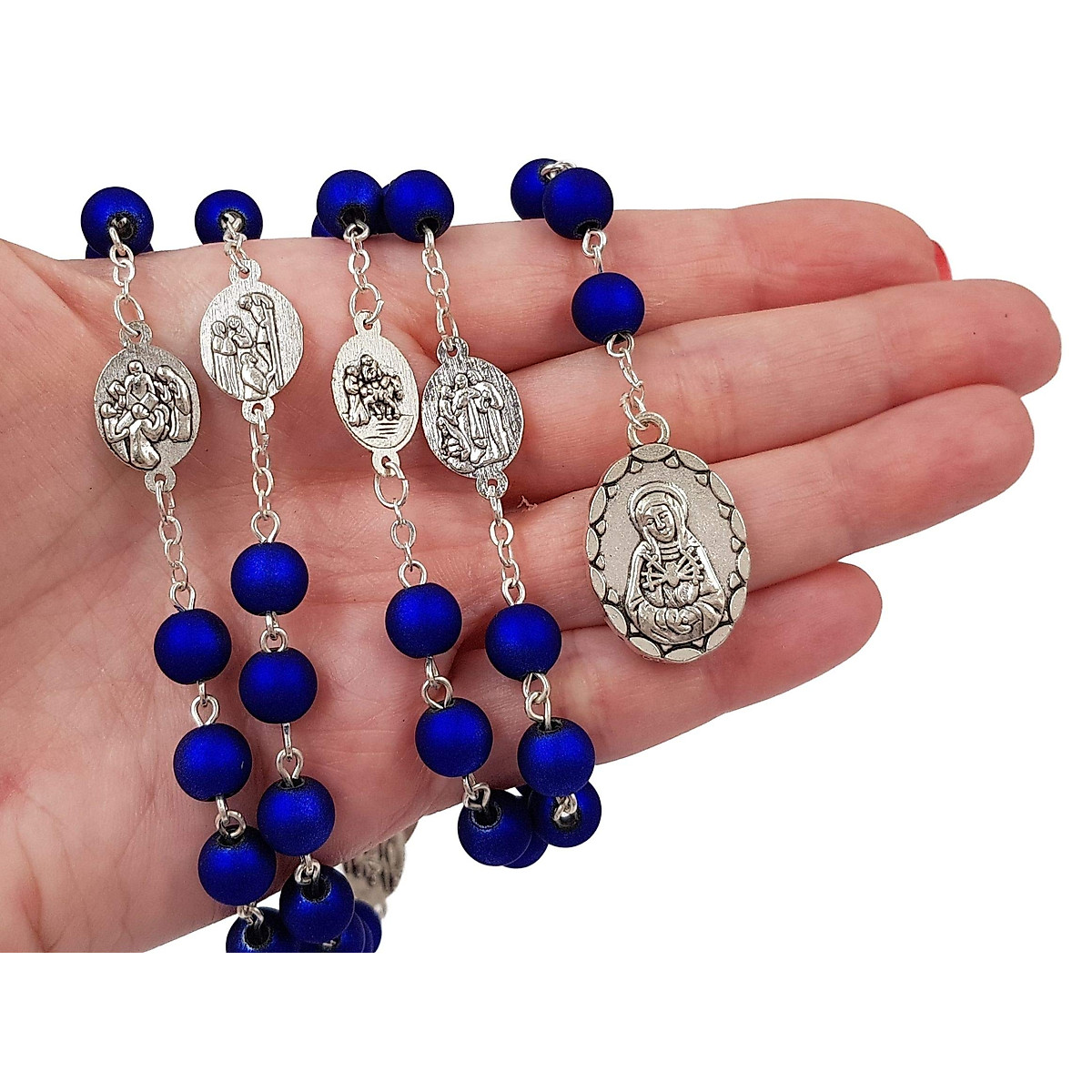 TALISMAN4U Seven Sorrows of Mary Rosary Chaplet Deep Blue Acrylic Beads Catholic Jewelry Necklace for Women with Rosary Box