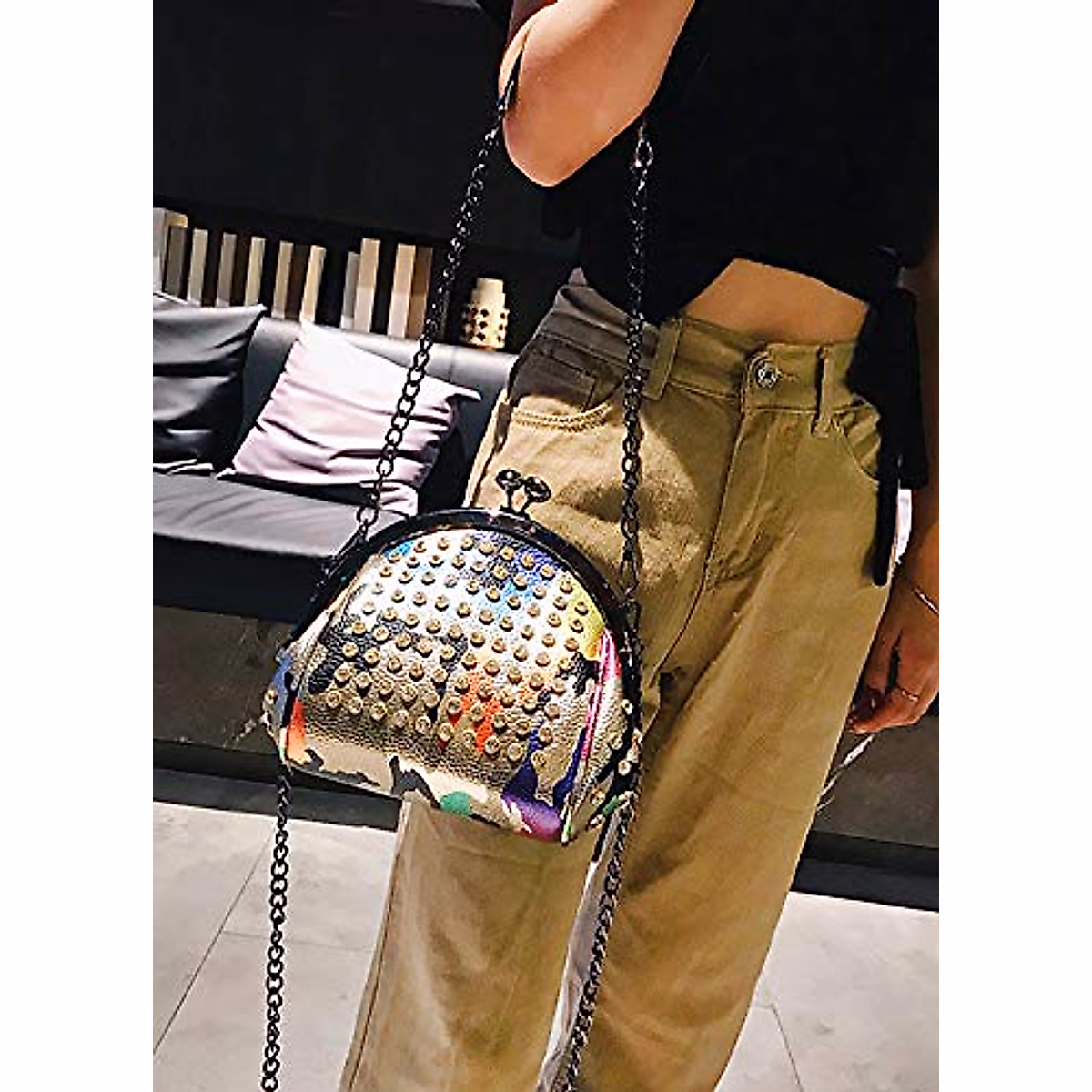 QZUnique Women Glitter Sequin Lock Top Handle Handbag Evening Purse Crossbody Shoulder Bag with Chain Strap