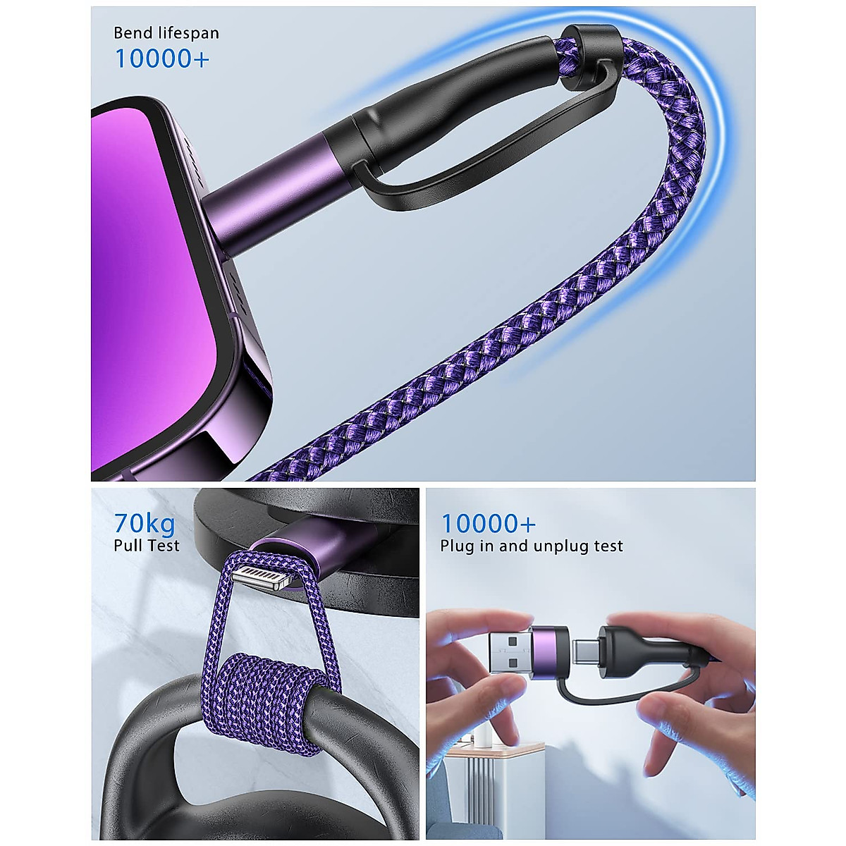 4 in 1 Fast Charging Cable 60W 6FT Apple MFi Certified USB C to Lightning Cable Nylon Braided USB A/C to C/Lightning Cable Multi iPhone Charger Cord for iPhone 16 15 14 13 Pro/iPad/Samsung/MacBook