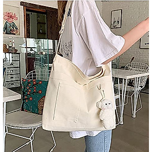 Kehpish Economical Cotton Tote Bag, Reusable Womens Canvas Tote Bag with 3 External Pocket, Top Zipper Closure White