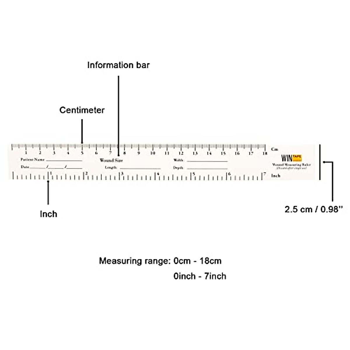 WIN TAPE 18cm / 7'' Educare Wound Ruler (PAPER) Wound Measuring Tape (Pack of 100) Medical Medimeter