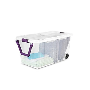 Generic 2PCS 40 Gallon Industrial Tote Plastic Storage Bins Wheeled Large Storage Box Set, Clear And Purple