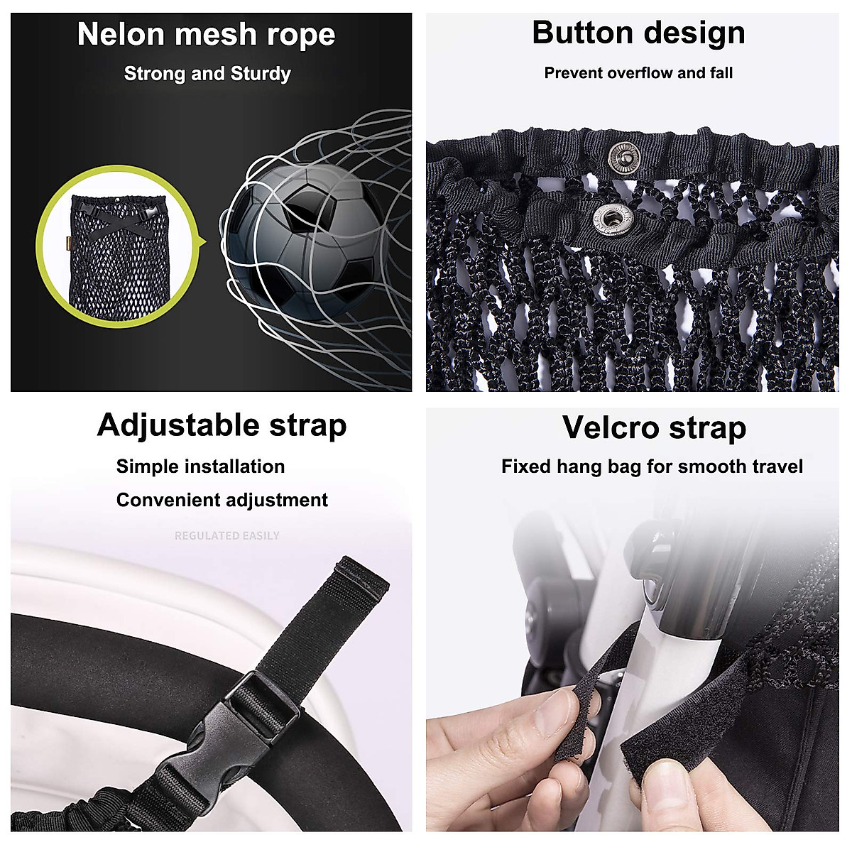 Universal Baby Stroller Organizer Polyester Net Mesh Storage Bag with Extra Large Storage Space, Non-Slip and Adjustable Stroller Accessories for Carrying Diaper Toys and Snacks (Black)