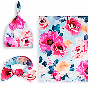 Little Bubbles Baby Swaddle Blanket & Headband Set - Pink Floral Pattern - Newborn Girl Swaddle - Modern Style - Unisex - One Size