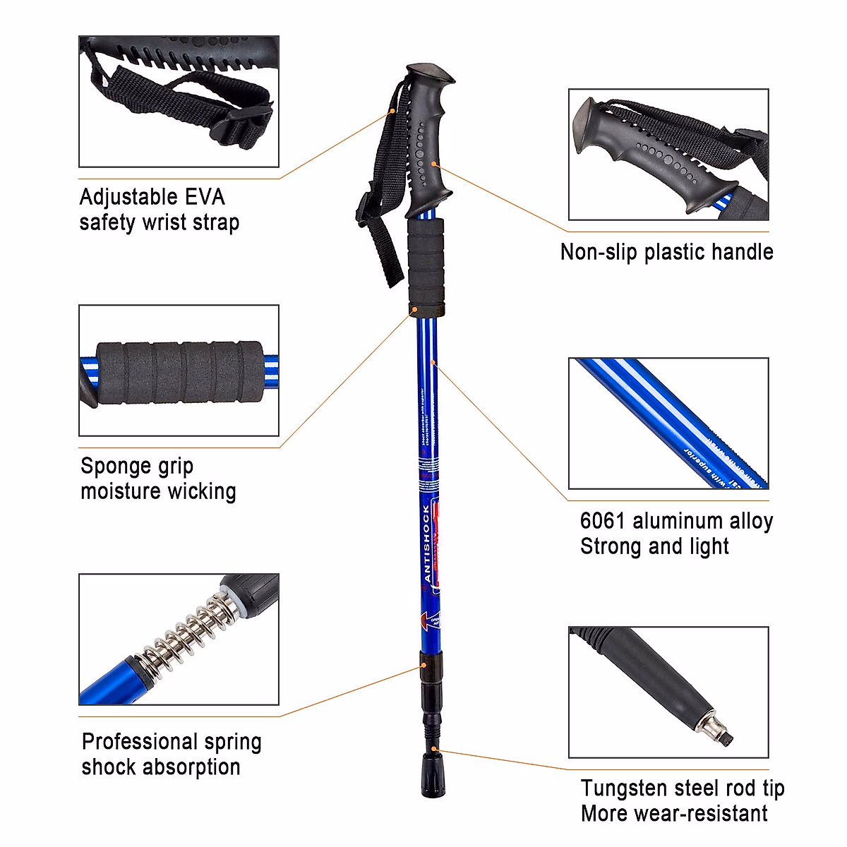 Aihoye Trekking Poles Shock Absorbing Adjustable Hiking or Walking Sticks for Hiking Collapsible Strong, 2-pc Pack Lightweight Walking Pole, All Terrain Accessories and Carry Bag (Blue)