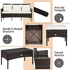 Tangkula 3 Pieces Patio Conversation Set, Outdoor PE Rattan Wicker Furniture Set W/Cozy Cushions, All Weather Sectional Sofa Set W/Tempered Glass Coffee Table for Poolside, Backyard, Garden