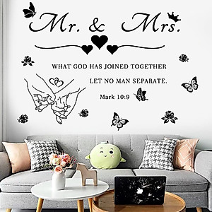 Mr. and Mrs. Wall Decals Wall Art Sticker Peel and Stick Wedding Sayings Art Lettering Stickers Hands with Hearts Romantic Wall Decor Wedding Anniversary Decor Bedroom Living Room Home Decor
