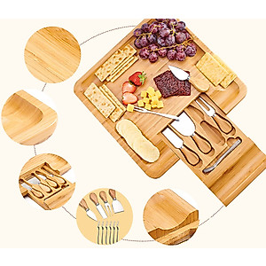 Utoplike Cheese Board Set, Bamboo Charcuterie Boards Server, Large Chacutery Platter Serving Tray with 4 Stainless Steel Knife Folks in Drawer, Perfect for Birthday, Housewarming