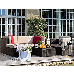 Flamaker 6 Pieces Patio Furniture Set Outdoor Sectional Sofa Outdoor Furniture Set Patio Sofa Set Conversation Set with Cushion and Table (Beige)
