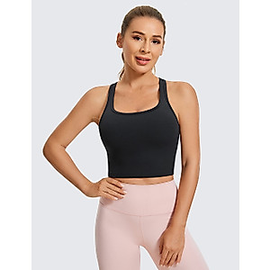 CRZ YOGA Butterluxe Womens Y-Back Racerback Longline Sports Bra - Padded Scoop Neck Workout Crop Tank Top with Built in Bra Black Large