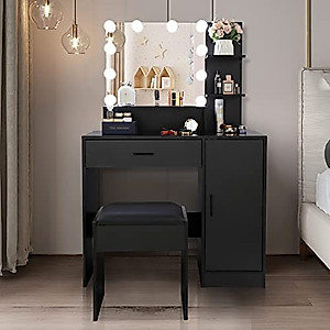 Large Vanity Set with 10 LED Bulbs Makeup Table with Cushioned Stool Makeup Desk with Open Storage Shelves Vanity Table with Cabinet Drawer Chest Dressing Table for Women Girls