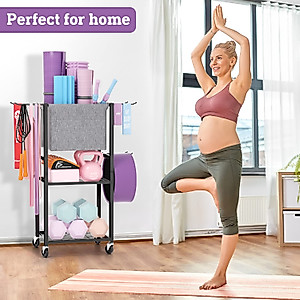 Home Gym Storage Organizer Yoga Mat Storage Workout Storage Organizer,Home Gym Storage Exercise Rack Gym Accessories with Hooks and Wheels