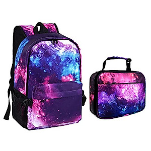 E-Clover Galaxy Backpack for Women/Men School Bookbag for Girls with Galaxy Lunch Boxes Lightweight Travel Daypack Purple Christmas Gifts