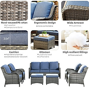 XIZZI Outdoor Furniture Patio Furniture Set 7 Pieces All Weather Wicker Patio Conversation with High Back Sofa Sectional and 2 Ottomans for Garden,Backyard and Deck,Grey Wicker Denim Blue