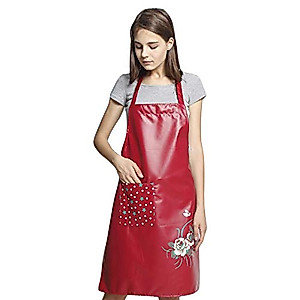 PU Kitchen Oil and Waterproof Aprons for Women with Pocket,Cooking,Red