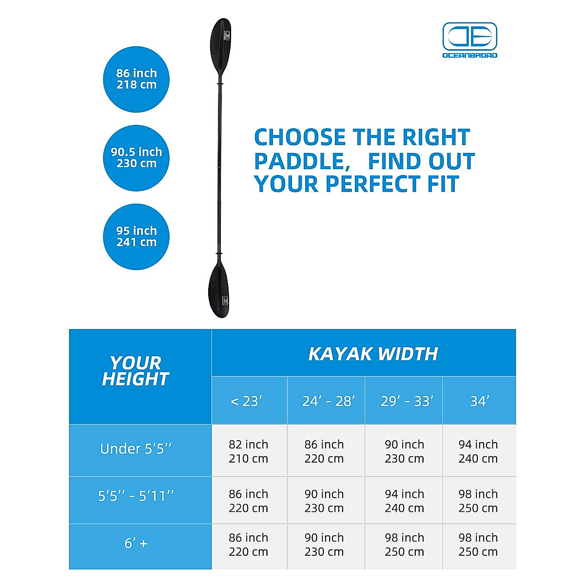 OCEANBROAD Kayak Paddle 90.5in/230cm Alloy Shaft Kayaking Boating Canoeing Oar with Paddle Leash 1 Paddle