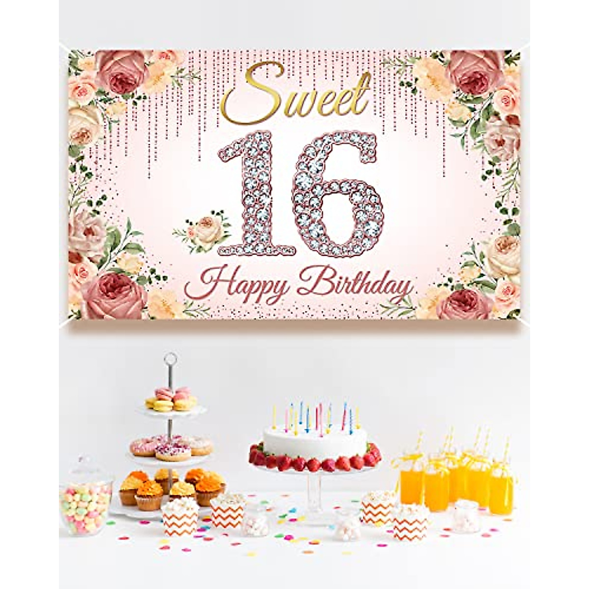 HTDZZI Sweet 16 Birthday Decorations, Rose Gold Happy 16th Birthday Backdrop Banner for Girls, Pink Floral Sweet Sixteen Party Decor, Sweet 16 Yard Sign Photo Booth Props, Fabric, 6.1ft x 3.6ft