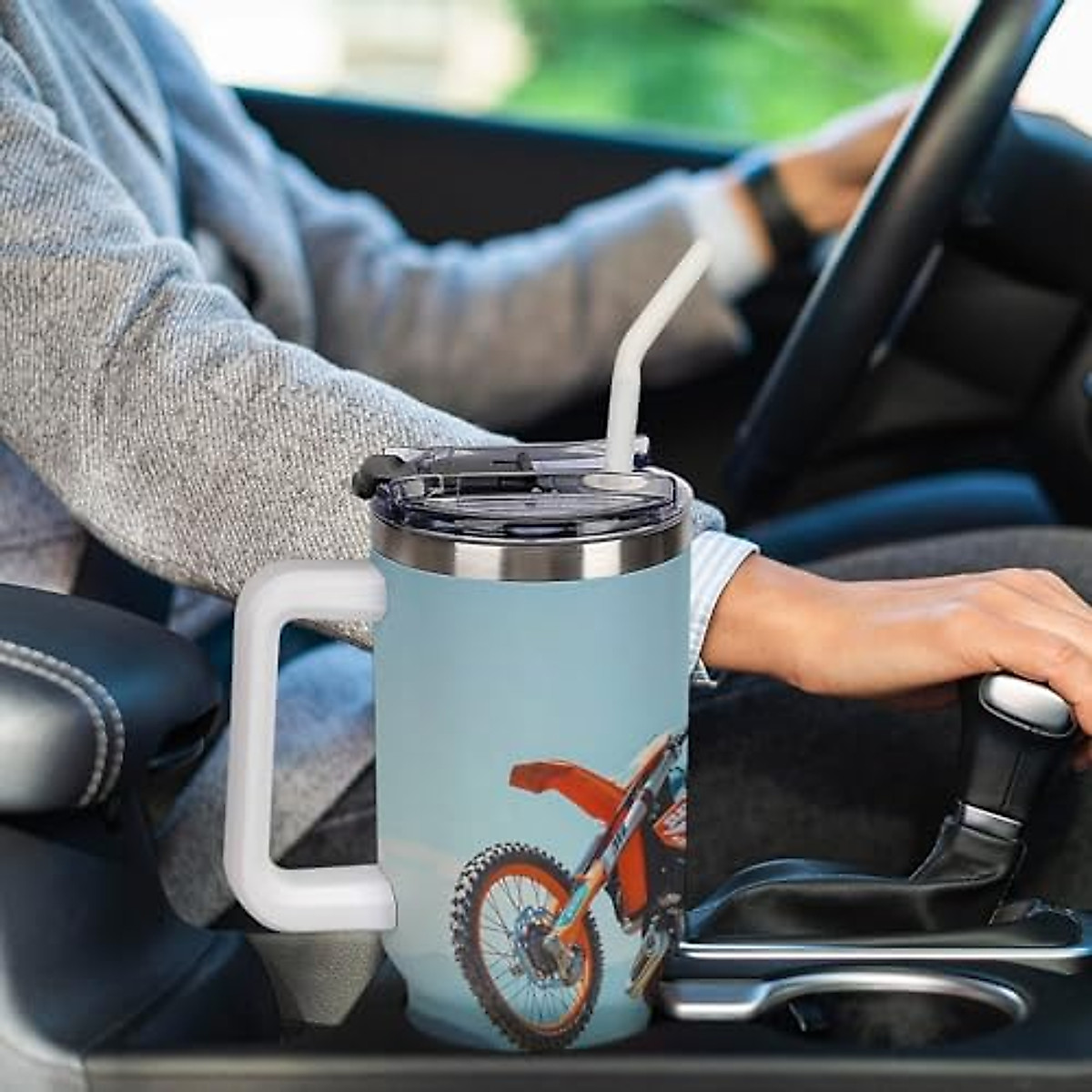 Motocross Dirt Bike Insulated Tumbler with Handle Stainless Steel Travel Coffee Mug with Lid And Straw 40oz
