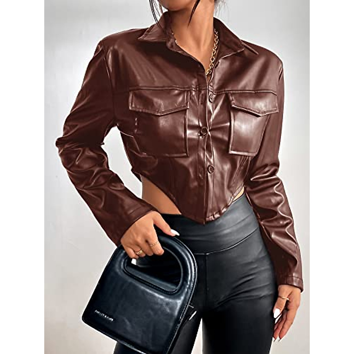 SweatyRocks Women's PU Leather Cropped Coat Casual Button Front Jacket with Bust Pocket Solid Brown M
