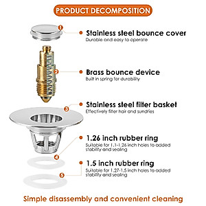 Drifop Universal Bathroom Sink Stopper, Basin Pop-up Sink Drain Strainer, Bathroom Sink Plug with Stainless Steel Hair Catcher for 1.1-1.5 Inch Drain(1 PCS, Silver)