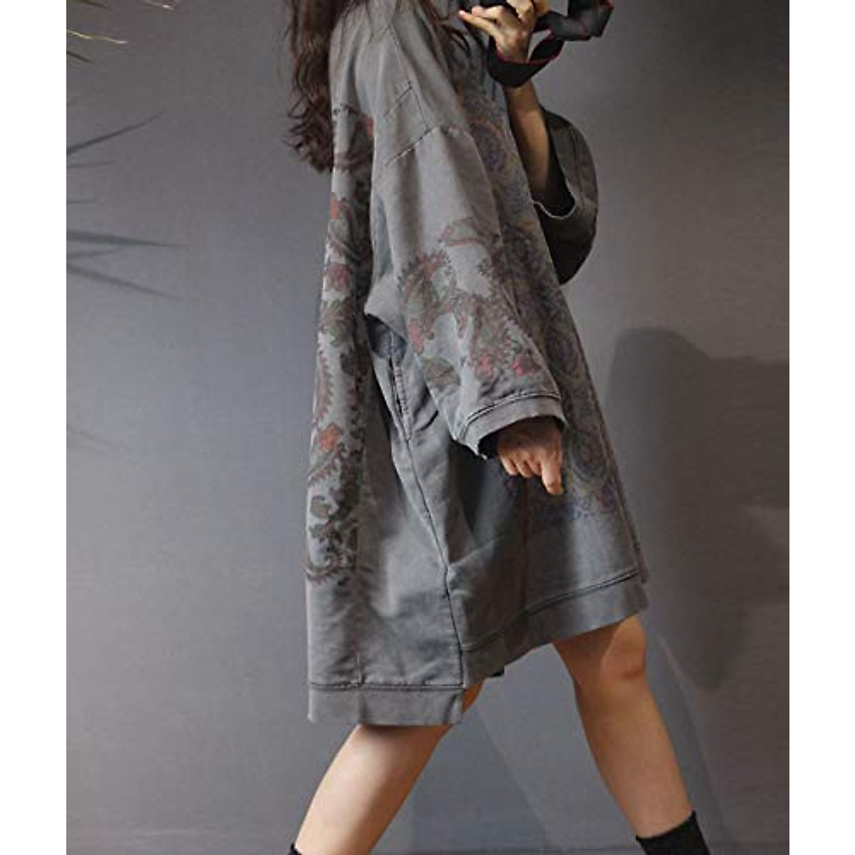 YESNO Women Ethnic Floral Sweatshirts Jacket Plus Size Crew Neck Long Sleeve with Pockets JCJ (One Size YQ7 Gray)