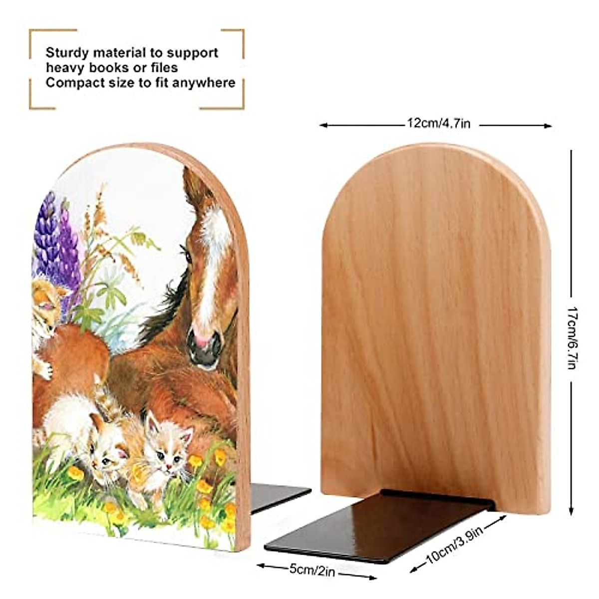 Pack of 2 Bookend White Horse Cat Non-Slip Book Stand Wooden Bookshelf Books Holder for Home Desk Office Library