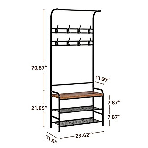 Amyove Coat Rack Shoe Bench, 3-in-1 Hall Tree Shoe Rack for Entryway, 3-Tier Storage Shelf and 8 Hooks Removable, Industrial Accent Furniture with Steel Frame, Multifunctional Hallway Organizer