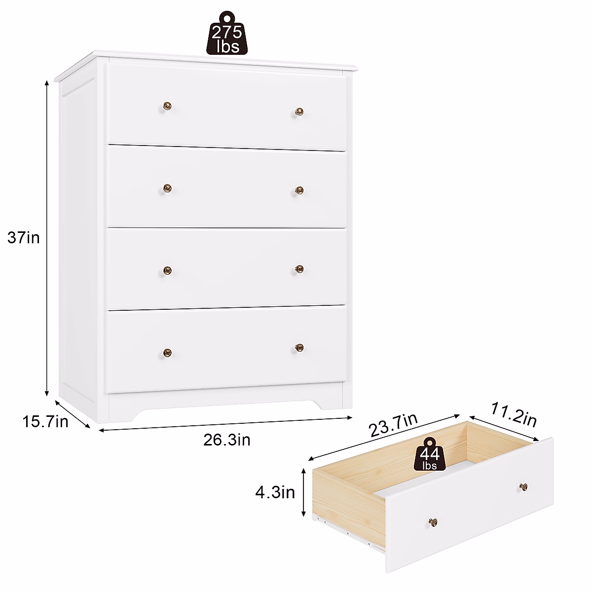 HOUSUIT White Dresser, 4 Drawer Dressers Chest of Drawers, Modern Tall Dresser, Wood Drawer Chest Storage Cabinet for Living Room, Hallway, Entryway, Home Office, Ivory White