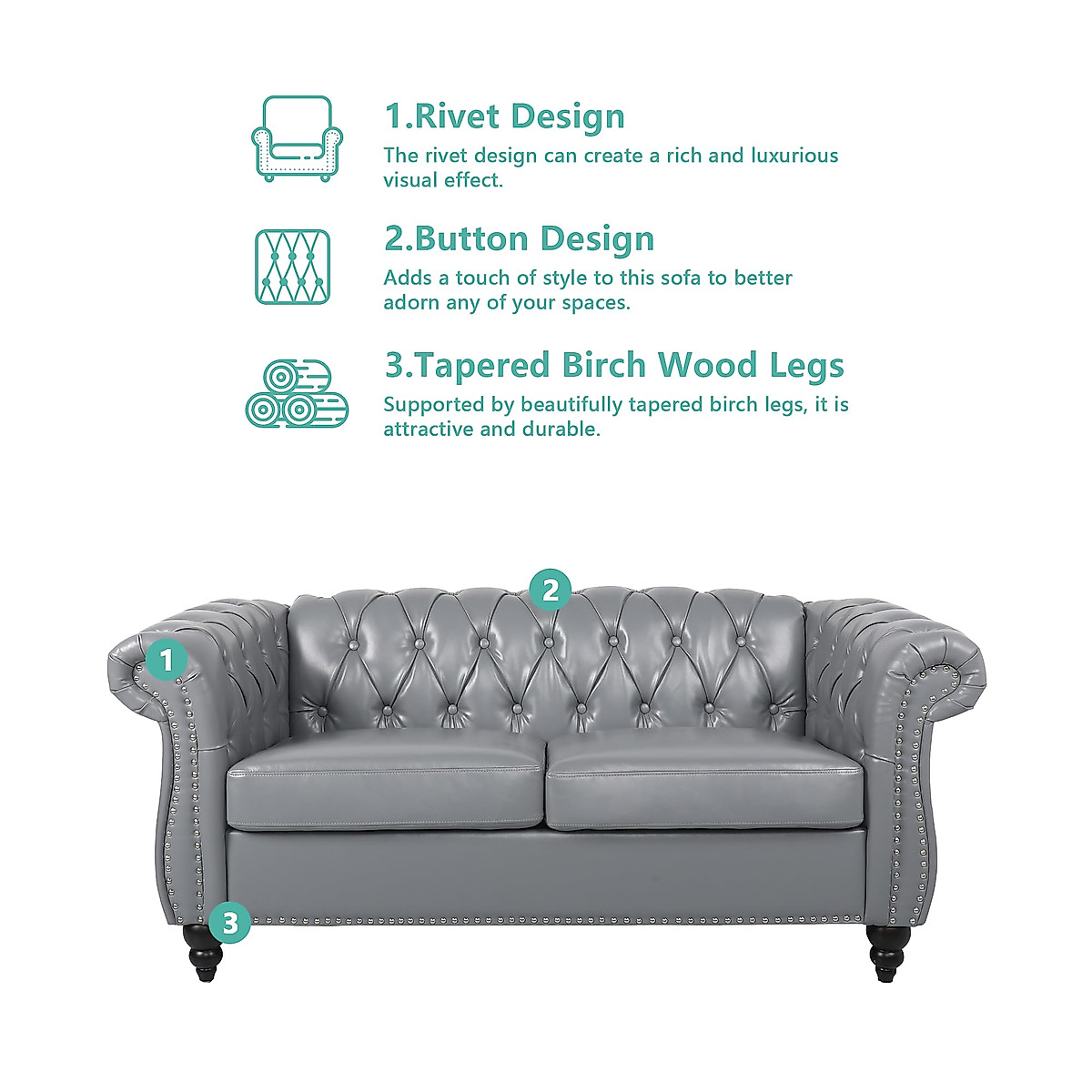 QHITTY Accent Sofa, Chesterfield Loveseat Modern Leather Couch Upholstered Sofa with Tufted Back for Living Room Furniture (Grey)