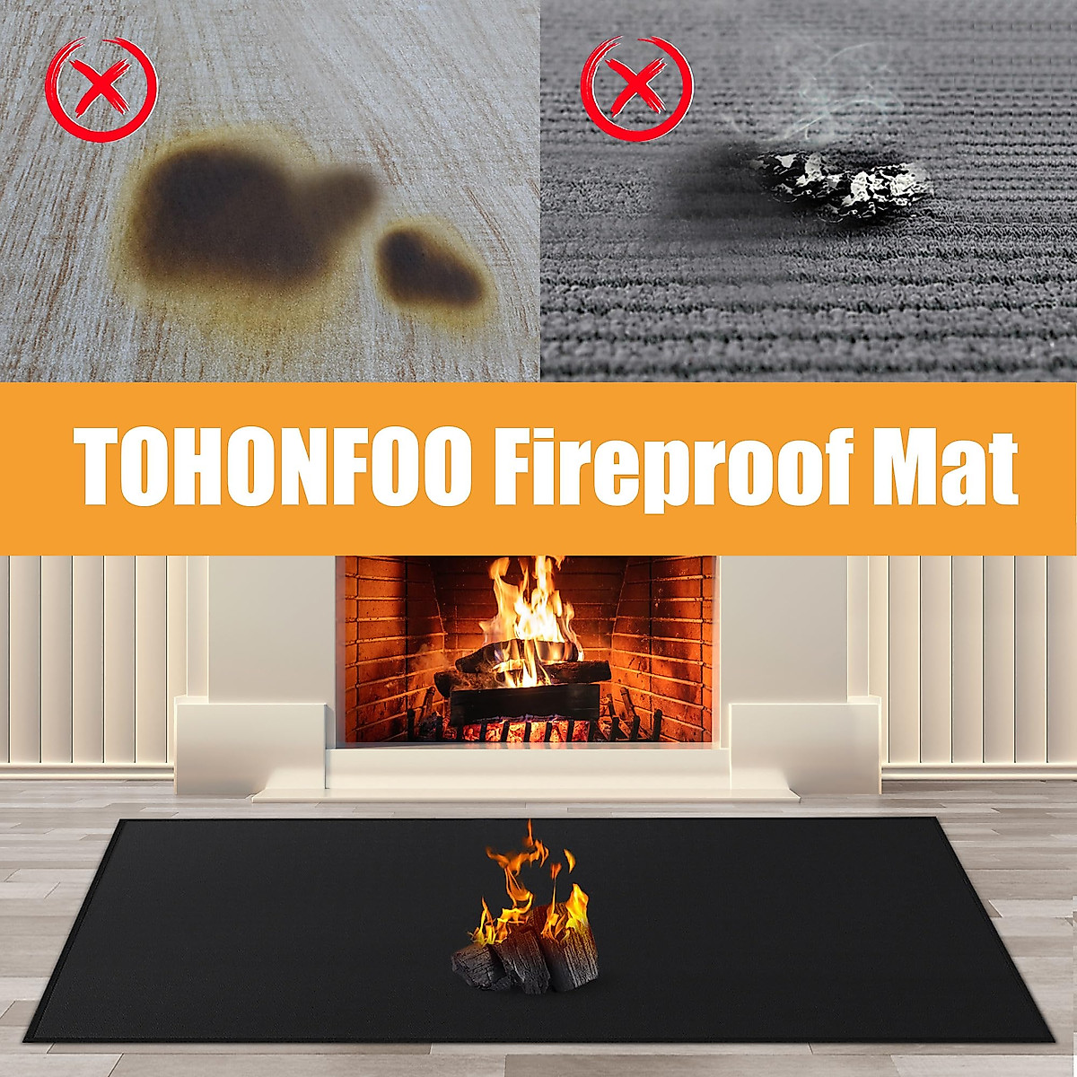 Hearth Rugs for Fireplaces Fire Resistant, 48 x 28 x 0.04 inch Fireproof Fireplace Mat Hearth Rug, Hearth Pads for Wood Stove Fireplace Indoor Outdoor, Protect Floors Carpets from Sparks Embers-Black