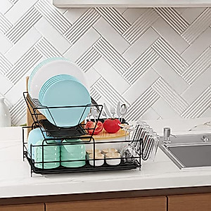 Buruis 2 Tier Dish Drying Rack with 2 Drainboard, Small Dish Rack with Cutting Board Cutlery Holder, Cup Rack, Compact Metal Dish Drainer Tray for Kitchen Counter Cabinet (Black)