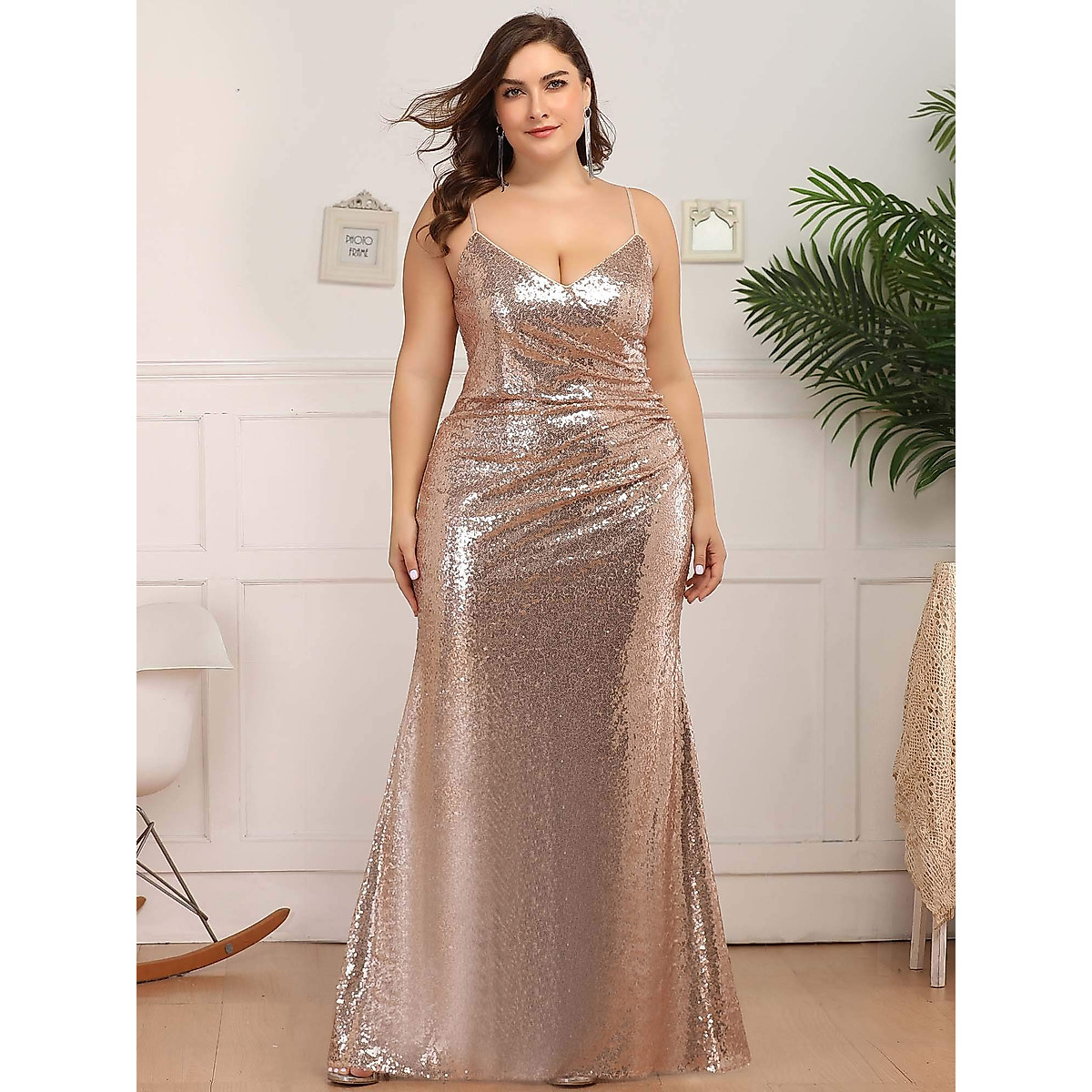 Ever-Pretty Women's Mermaid Spaghetti Straps Plus Size Fall Dresses for Curvy Women Gold US22