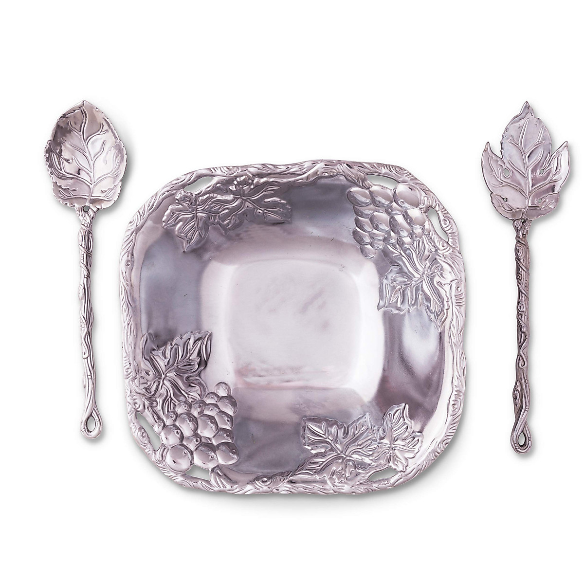 Arthur Court Designs Metal 3-Pc Grape Salad Set Bowl and Server in Grape Pattern Sand Casted in Aluminum with Artisan Quality Hand Polished Design Tarnish-Free 9.5 Inch Diameter
