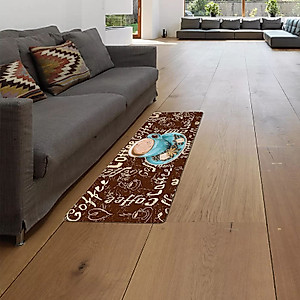 Coffee Kitchen Rugs Set 2 Piece 18x30in+18x47.2in, Non-Slip Kitchen Mats Set Rubber Backing Indoor Entry Door Mat Carpets - Vintage Blue Coffee Cup Beans Sugar Lump Brown