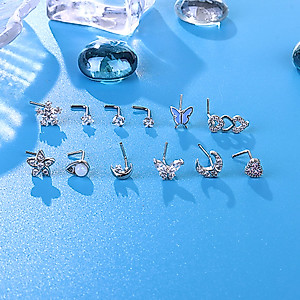DOLOTTA 12PCS 20G Surgical Steel Nose Rings Studs for Women Men CZ Moon Star Butterfly Nose Rings L Shaped Opal Snowflake Flower Nose Studs Silver