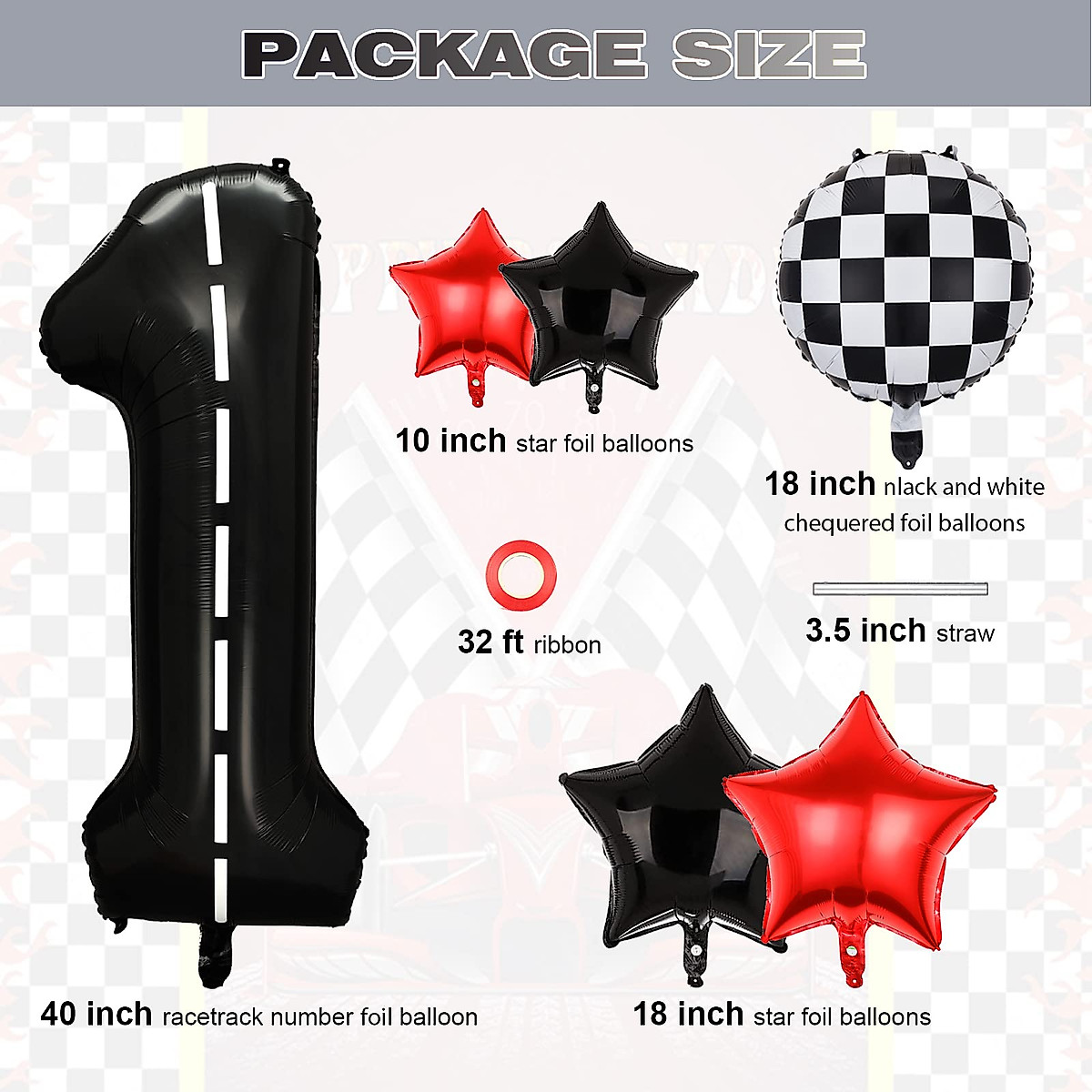 Race Car Birthday Party Balloons,40 Inch Big Mylar Foil Racetrack Number Balloon 1 Black for Baby Shower Boys 1st Birthday Party Decorations,Race Car Theme Party Decorations Supplies 7 Pcs Set