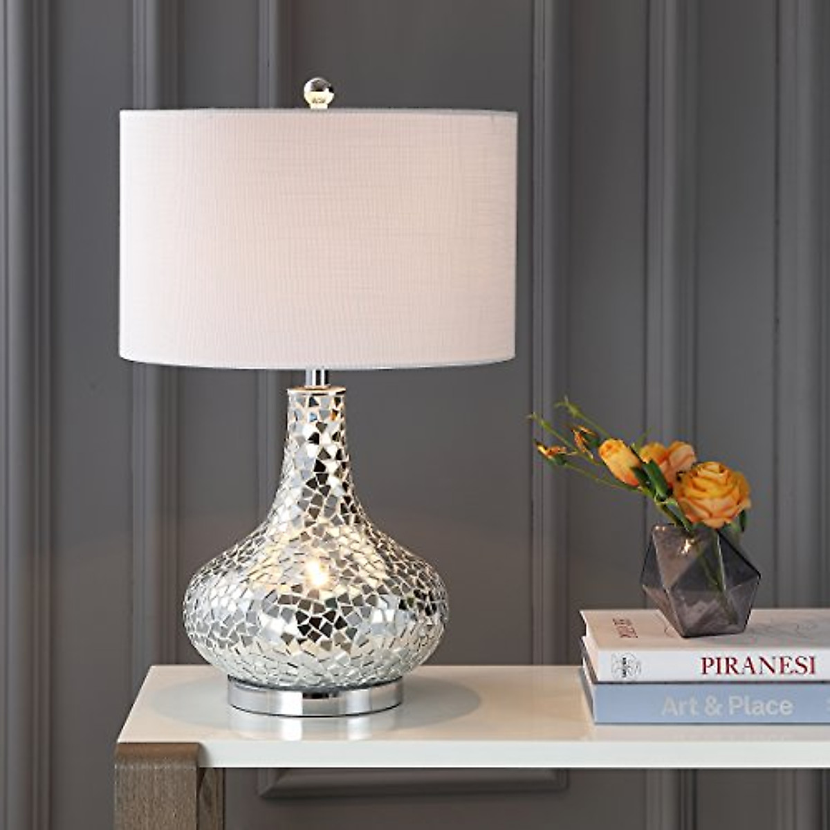 JONATHAN Y JYL1056A Emilia 26" Mirrored Mosaic LED Table Lamp Contemporary Glam Bedside Desk Nightstand Lamp for Bedroom Living Room Office College Bookcase LED Bulb Included, Silver