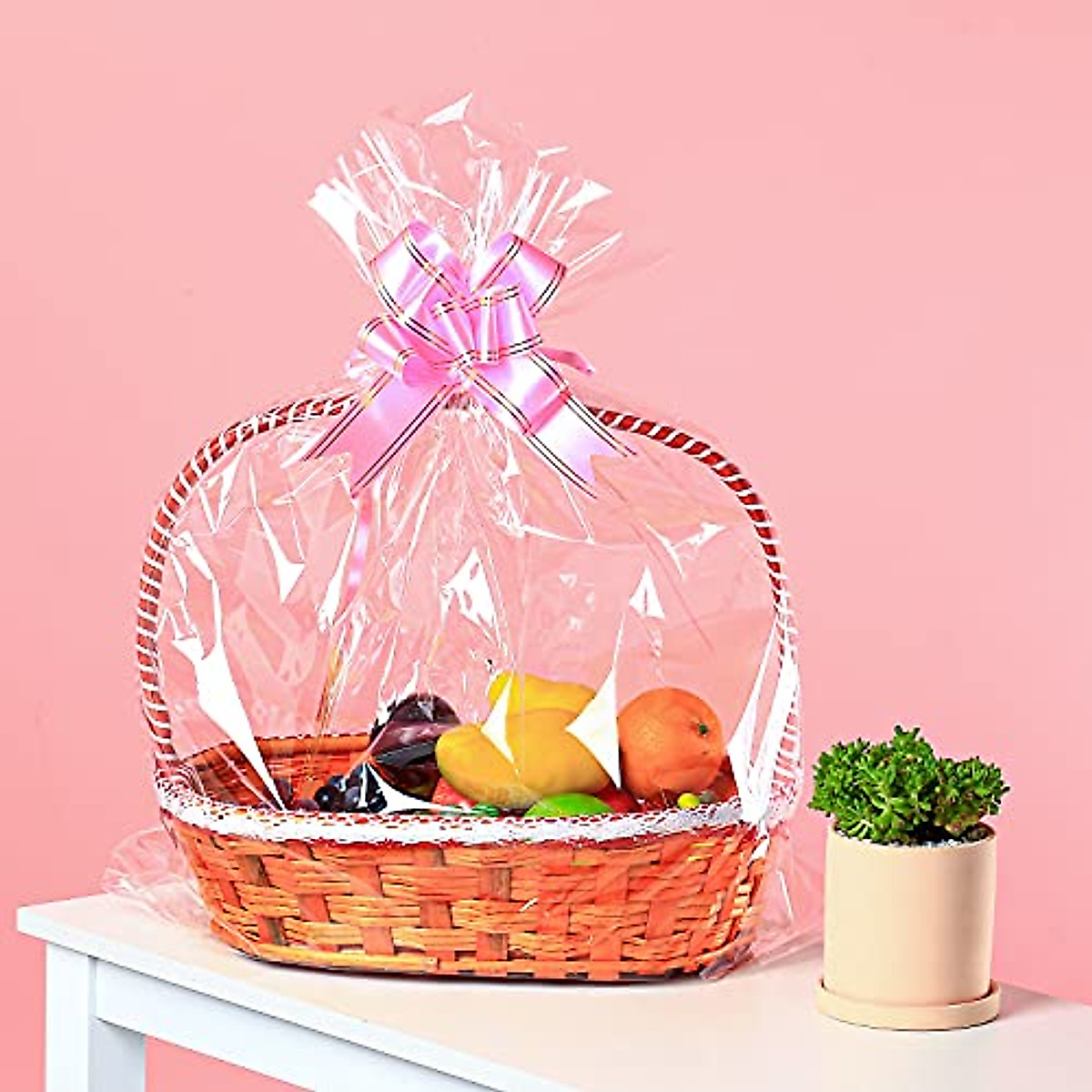 100 Packs Large Cellophane Bags 24" x 30" Clear Cellophane Gift Basket Wraps Extra-large 2.3 Mil Thick Plastic Wrap Bags for Fruit Basket, Gift Wrap, Treats, Arts and Crafts, 100ct Ribbon Bows