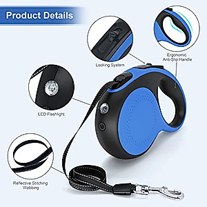 Retractable Dog Leash with Rechargeable LED Light for Night Walks, Newnique 16FT Dog Walking Leash with Chew Proof Cable, for Dog ups to 66lbs(Black Blue)