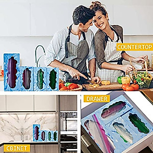 Levvohd 4 Separate Ziplock Bag Storage Organizer, Food Zip lock Bag Storage Organizer for Kitchen Drawer, Compatible with Gallon, Quart, Sandwich & Snack Variety Size Baggie Dispenser (Blue and White