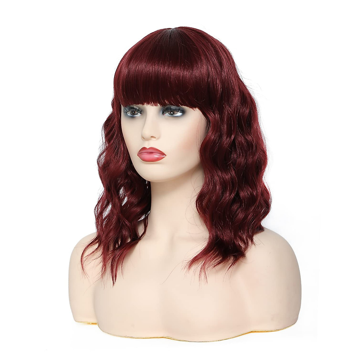 RemyAeki Red Wavy Wigs with Bangs for Women, Short Curly Bob Wigs Medium Shoulder Length, Burgundy Wine Red Synthetic Wigs Natural Looking 14 Inch