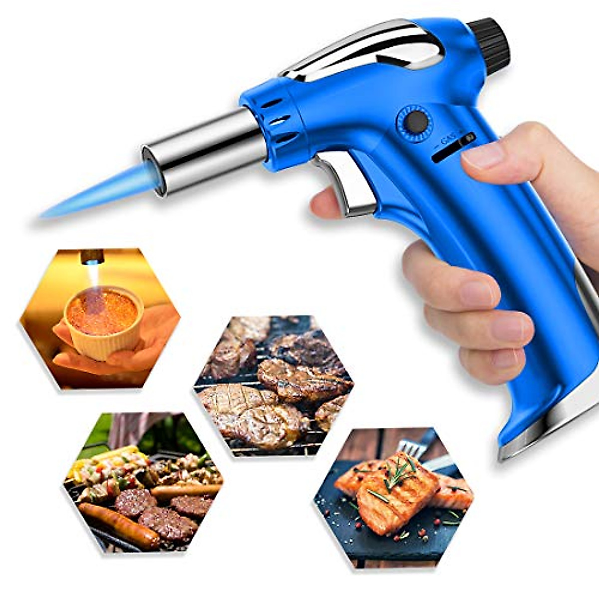 ZEBRE Butane Torch, Refillable Culinary Torch Kitchen Blow Torch Lighter with Adjustable Flame for Desserts, Creme Brulee, BBQ and Baking (Butane Gas Not Included) (Blue)