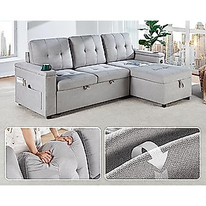 VanAcc Sofa Bed, Modern Tufted Convertible Sleeper Sofa, USB Charging Ports & Cup Holders, Pull Out Couch Bed with Storage Chaise, Chenille Couches for Living Room (Light Grey)