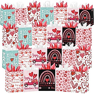 24 Pcs Valentines Day Gift Bags with Handle, Valentines Kraft Paper Bags with Tissue Paper, Treat Goodies Bag for Valentine's Day Party Favors Funny Gift Exchange Novelty Gift Giving Gift Wrapping