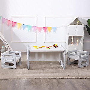DOREROOM 4 in 1 Kids Table and 2 Chairs Set with Storage, Toddler Table and Chair Set for Kids Ages 3-10, Graffiti & Building Blocks Double-Sided Tabletop (Gray, 2 Chairs)