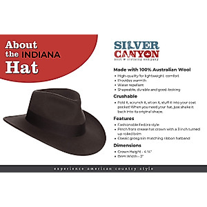 Men's Indiana Outback Fedora Hat Black Crushable Wool Felt by Silver Canyon, Black, Large